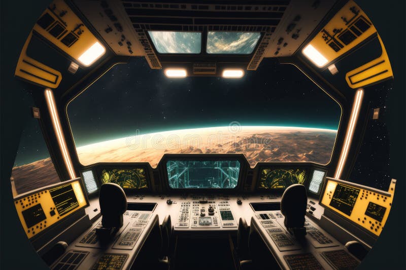 Outer View of Spaceship Window with Control System Room. Stock ...