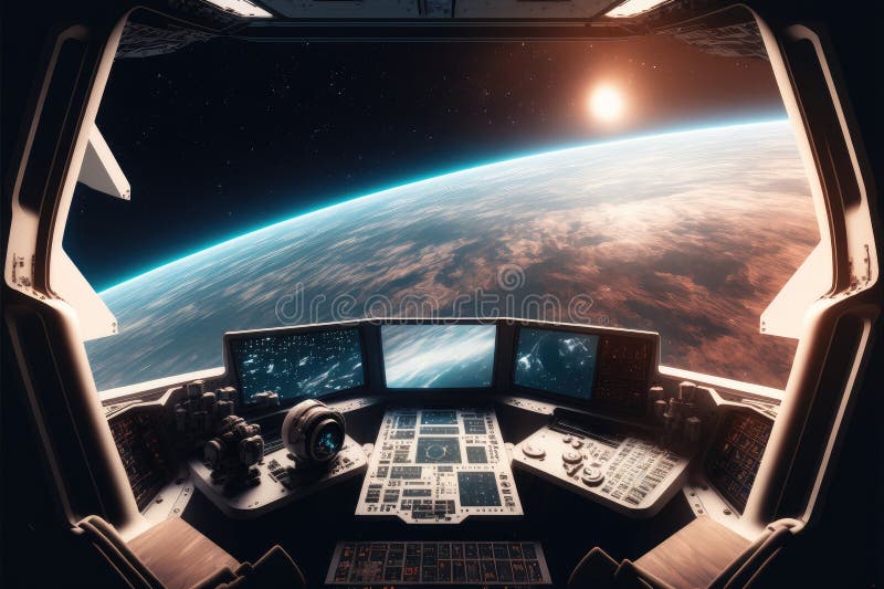 Outer View Of Spaceship Window With Control System Room Stock Image