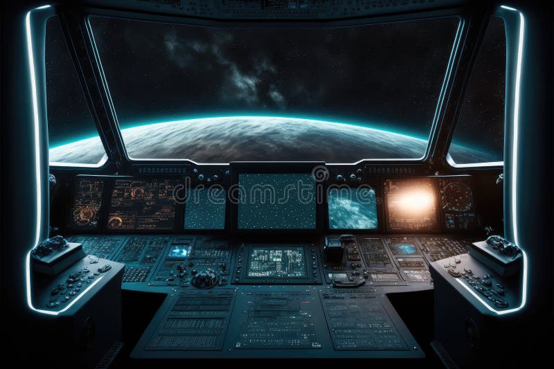 Outer View of Spaceship Window with Control System Room. Stock ...