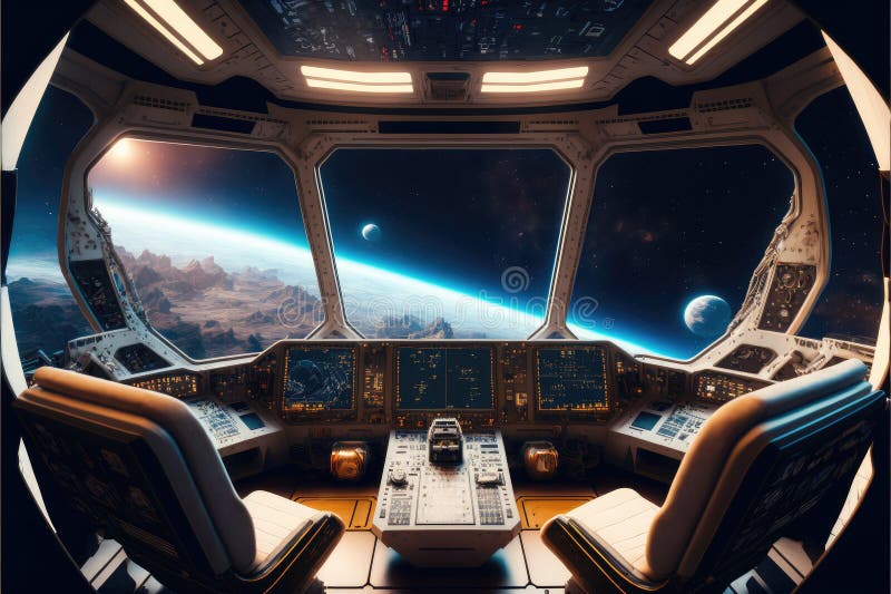 Outer View of Spaceship Window with Control System Room. Stock ...