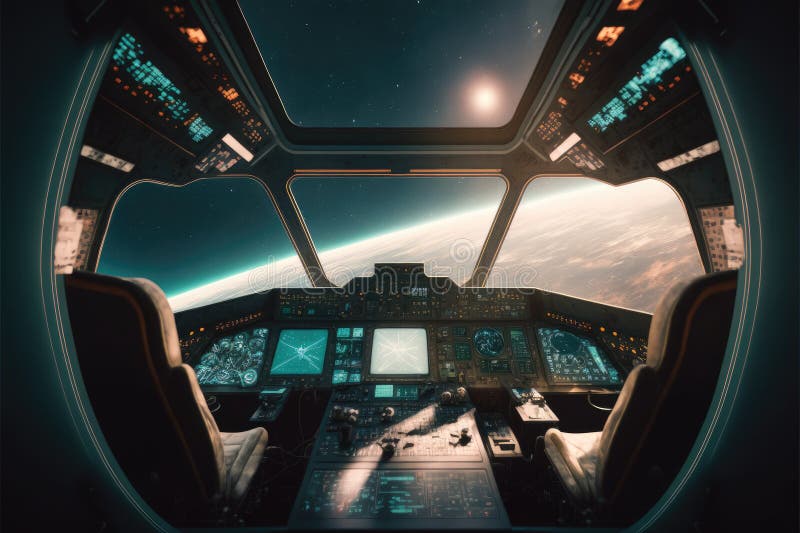 Outer View of Spaceship Window with Control System Room. Stock ...