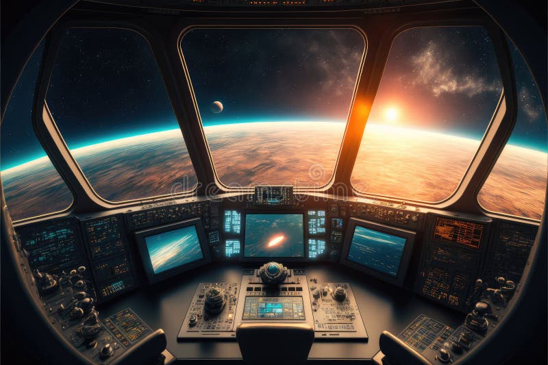 Outer View of Spaceship Window with Control System Room. Stock ...