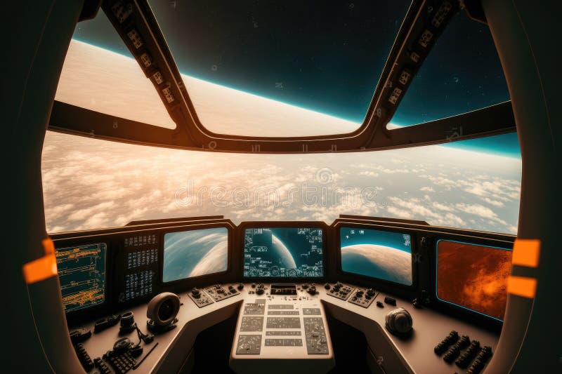 Outer View of Spaceship Window with Control System Room. Stock ...