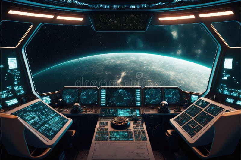 Outer View of Spaceship Window with Control System Room. Stock ...