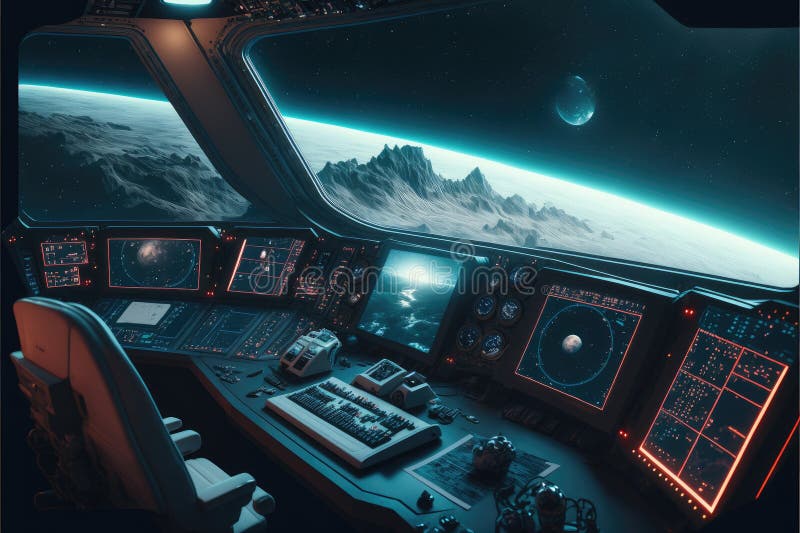 Outer View of Spaceship Window with Control System Room. Stock Image ...