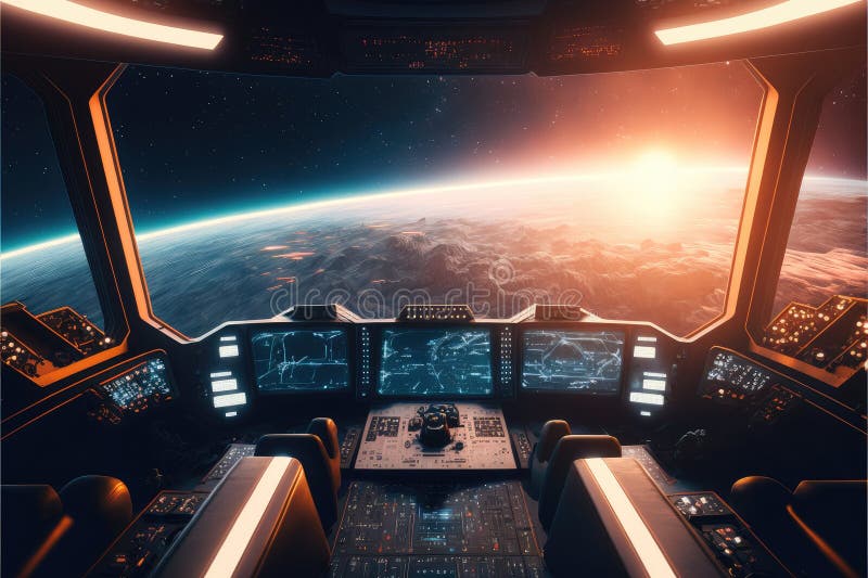 Outer View of Spaceship Window with Control System Room. Stock Illustration - Illustration of ...