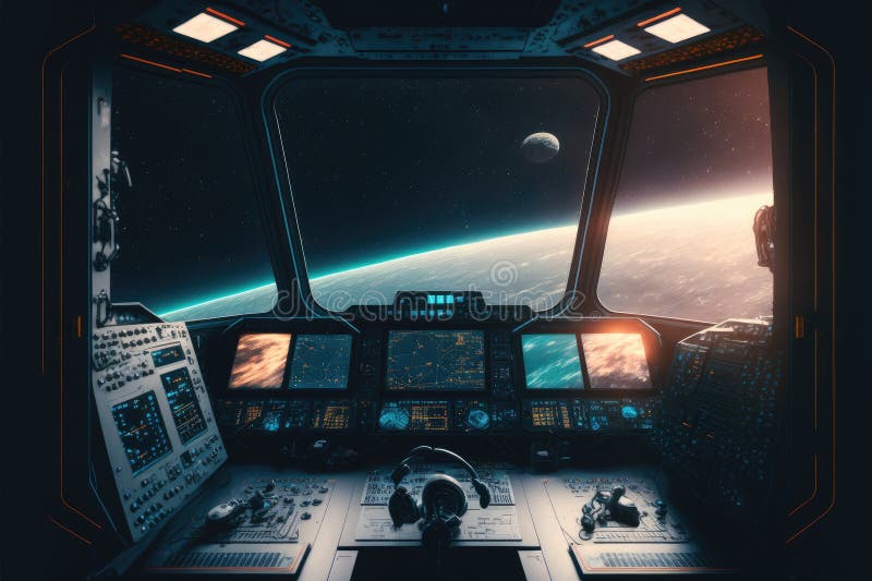 Outer View of Spaceship Window with Control System Room. Stock Image ...