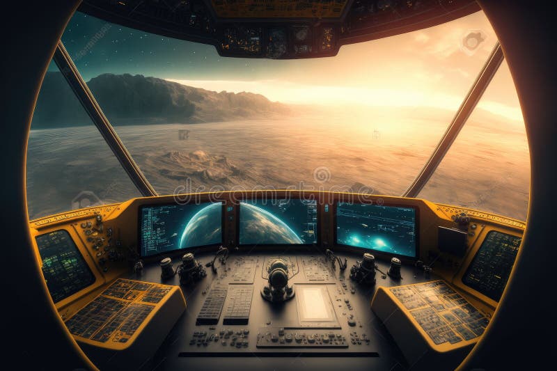 Outer View of Spaceship Window with Control System Room. Stock ...