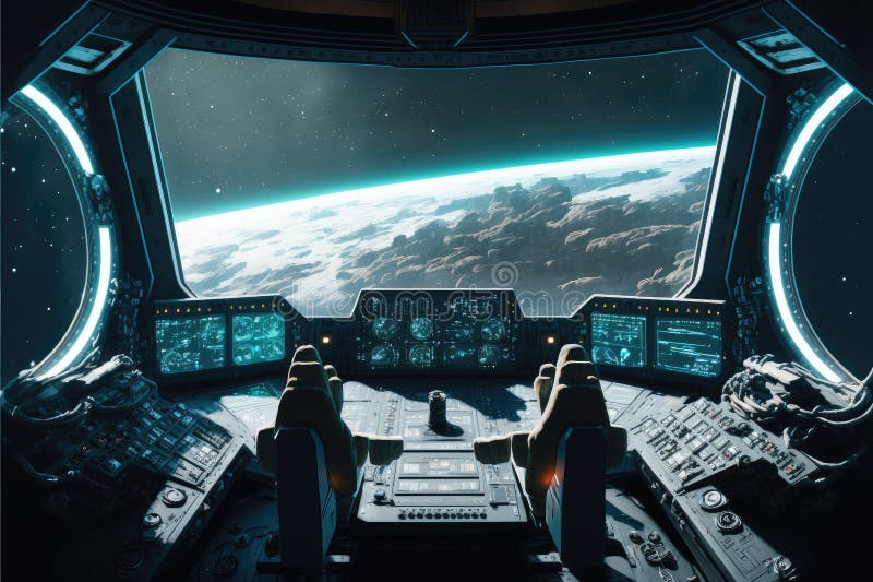 Outer View of Spaceship Window with Control System Room. Stock ...