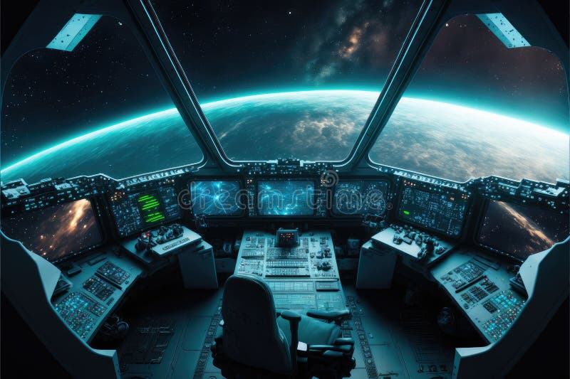 Outer View of Spaceship Window with Control System Room. Stock ...