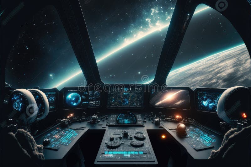 Outer View of Spaceship Window with Control System Room. Stock ...