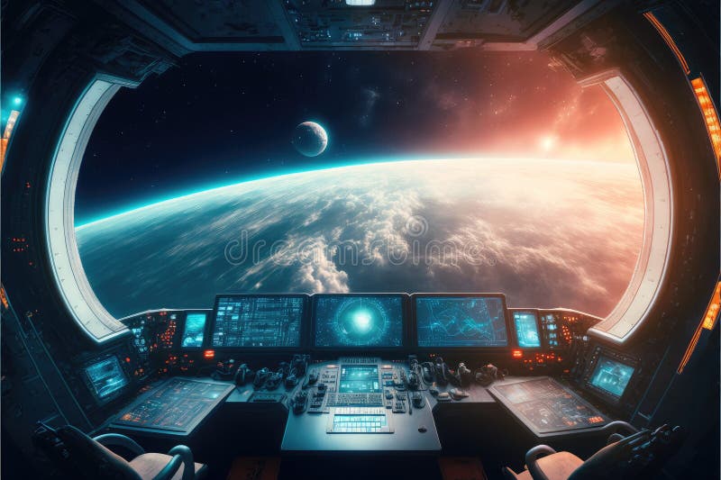 Outer View of Cockpit Spaceship Window with Control System Room. Stock ...