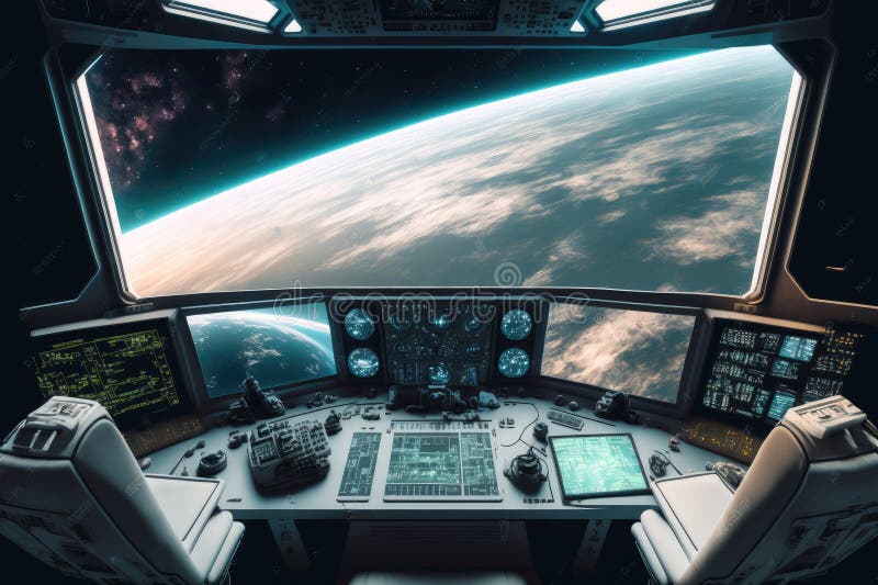 Outer View of Spaceship Window with Control System Room. Stock ...