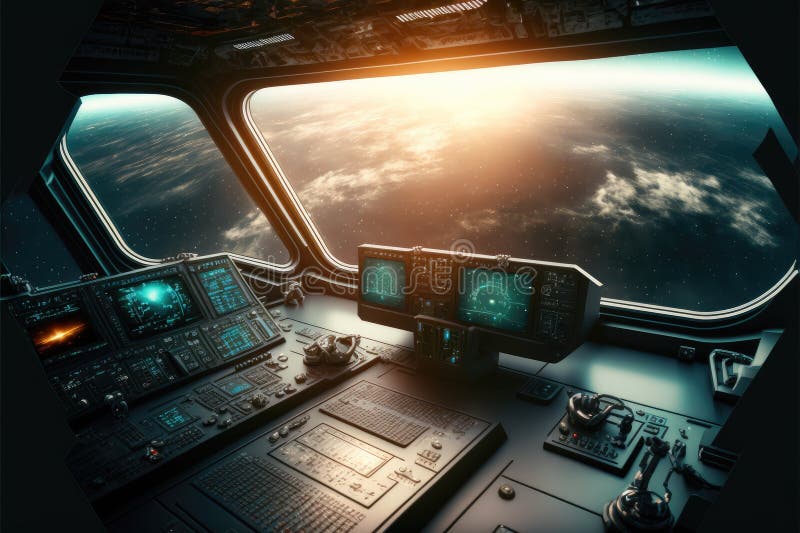 Outer View of Spaceship Window with Control System Room. Stock Illustration - Illustration of ...