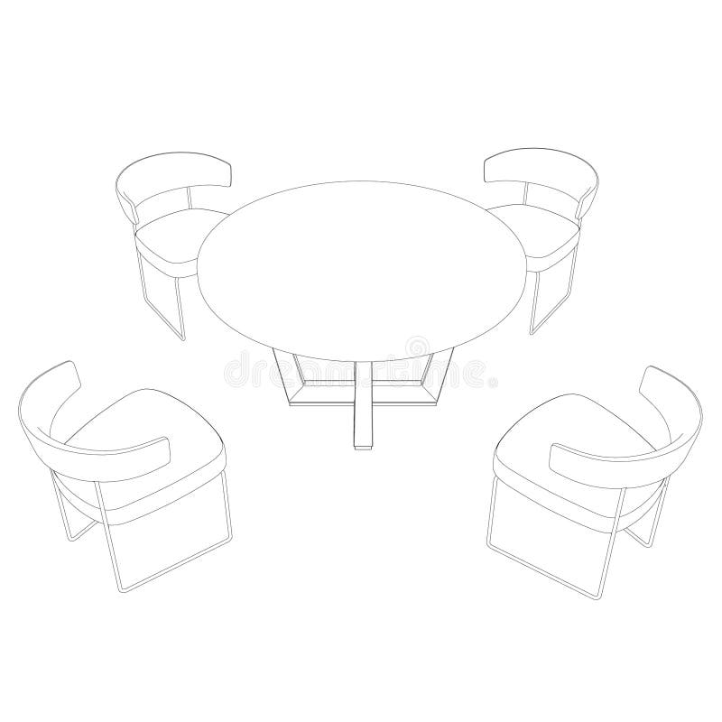 Outline Chairs Stand Around the Table. Perspective View. 3D Stock ...