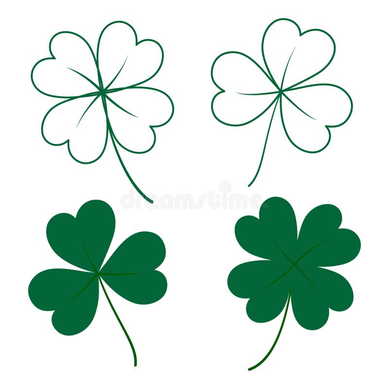 Outline and Color Drawn Tree Leaf and Four Leaf Clover in Trendy Green ...