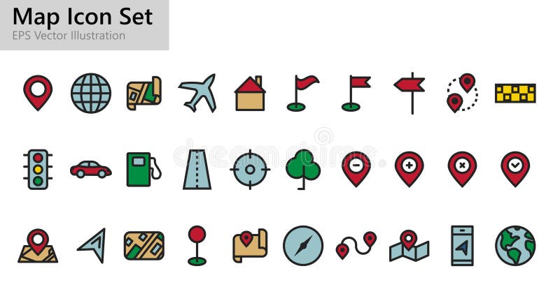 Outline Colored Map Icons Set. Stock Illustration - Illustration of ...