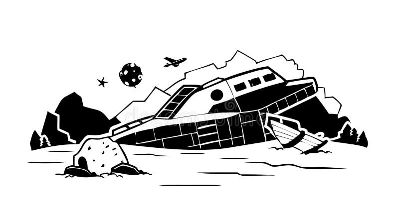 Outline of Crashed Ship Wreckage, Abandoned and Desolate Scene, Vector ...