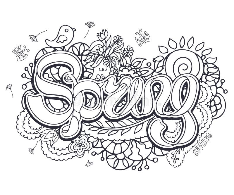 Outline Doodle Composition with Ribbon Lettering Spring and Floral ...