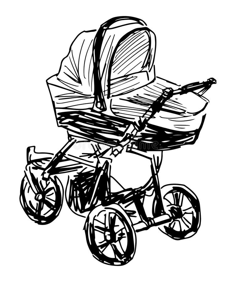 Outline Doodle Drawing of Baby Stroller Isolated on White Backdrop ...