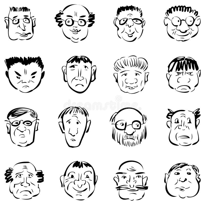 Outline Doodle Drawings of Various Cartoon Funny Male Faces Stock ...