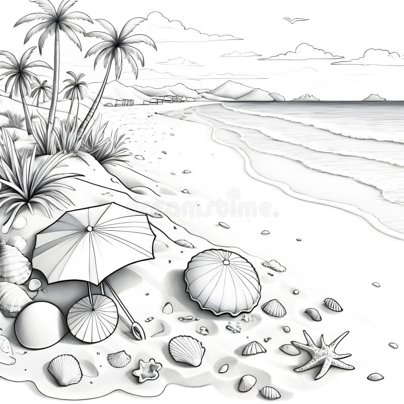 An Outline Drawing of a Beach Scene with Palm Trees and a Beach ...