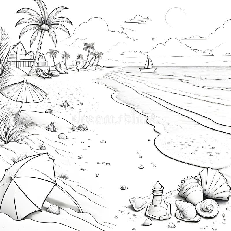 An Outline Drawing of a Beach Scene with a Seashore and Palm Trees ...