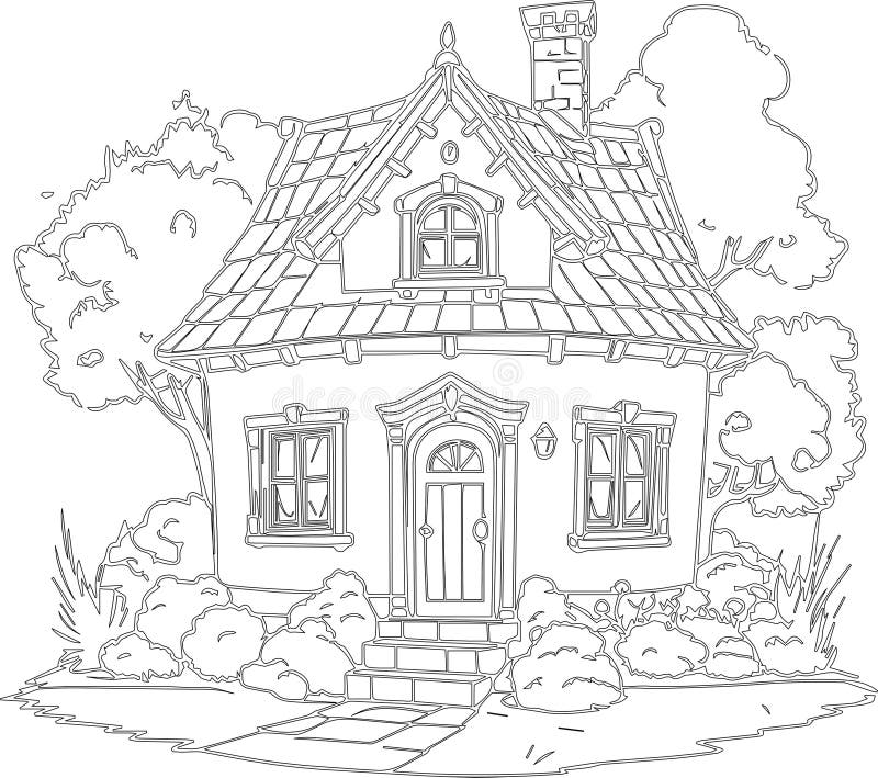 Outline Drawing of a Countryside House Surrounded by Trees and Flowers ...