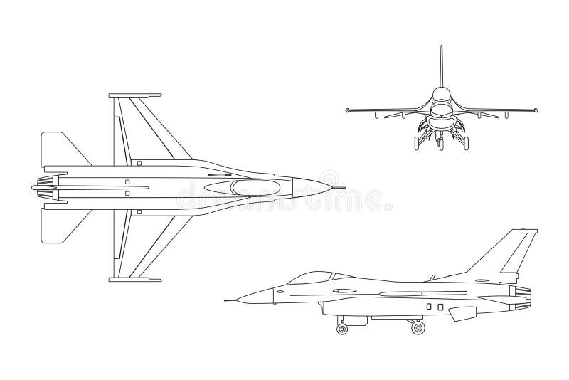 Outline Drawing of Military Aircraft. Top, Side, Front View Stock ...
