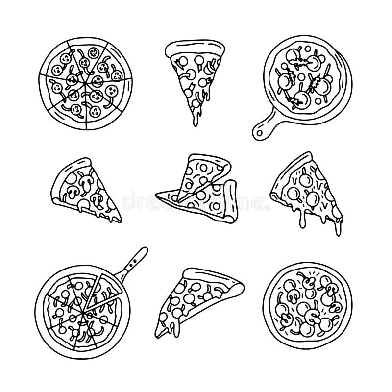 Outline Drawing Pizza Slices, Whole Pizza. Vector Line Simple Doodle ...