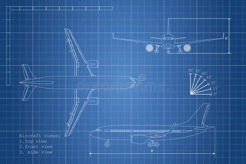 Outline Drawing Plane on a Blue Background. Top, Side and Front Stock ...