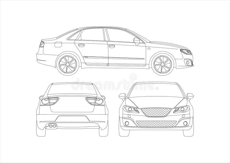 Outline Drawing of the Sedan, View from Three Sides Stock Vector ...
