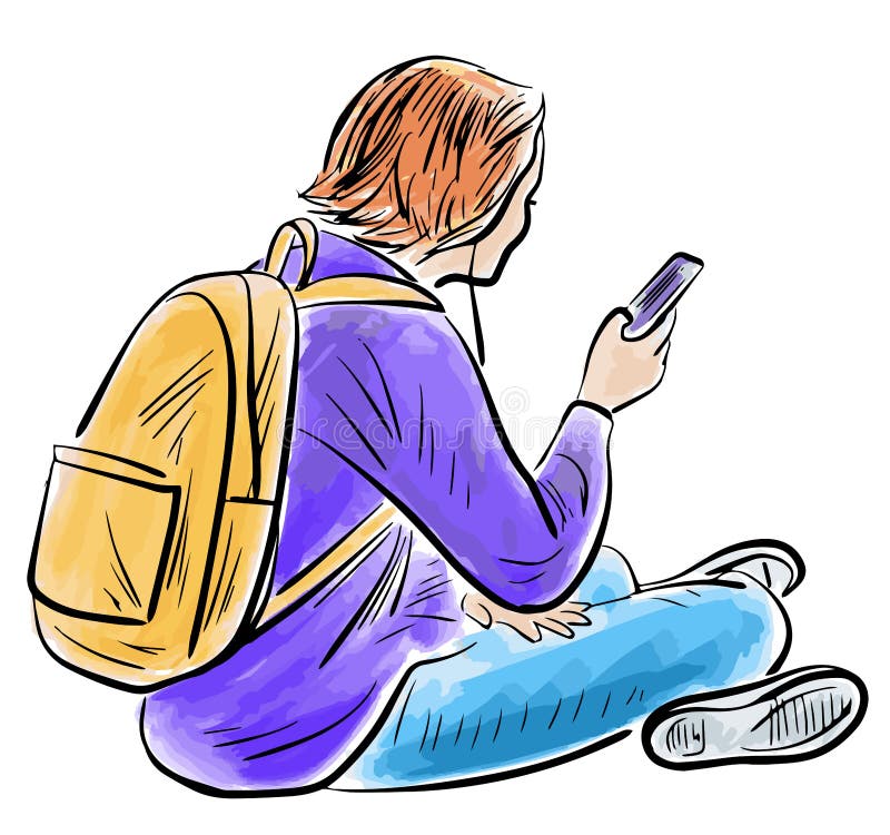 Outline Drawing of Student Girl Sitting Outdoors for Resting and ...