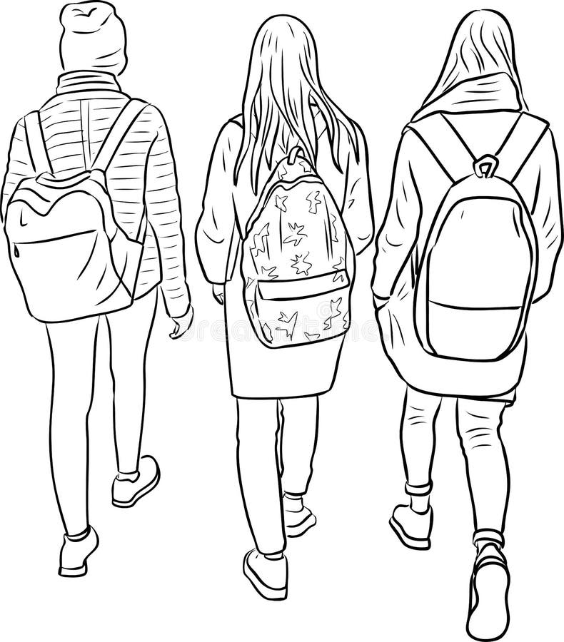 Outline Drawing of Students Girls Walking Outdoors Stock Vector ...