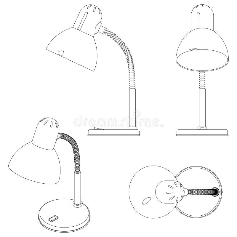 Outline Drawing of a Table Lamp, Side, Top, Front, and in Isometric ...