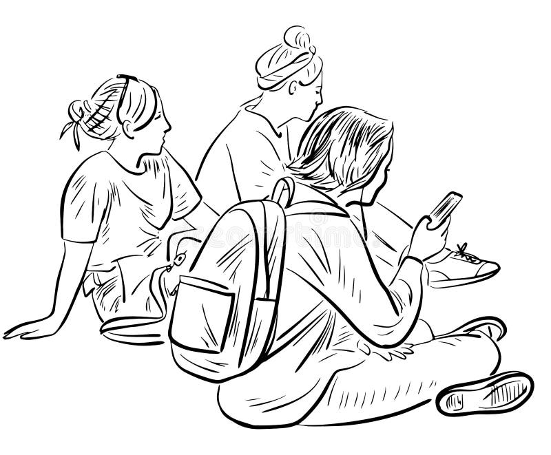 Outline Drawing of Three Students Girls Sitting Outdoors for Resting ...