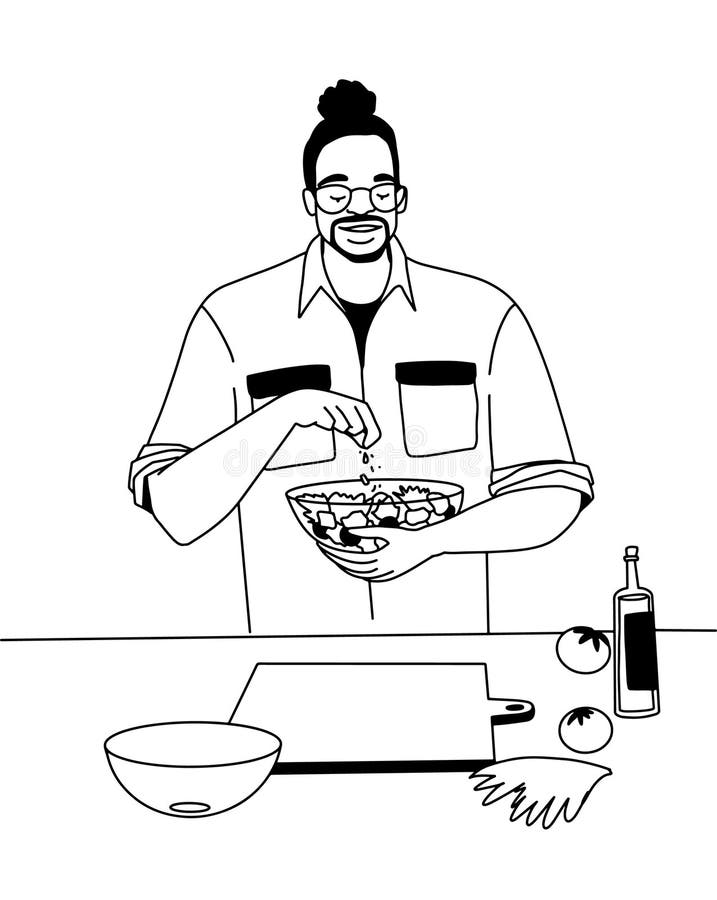 Outline Drawing, Young Man Cooking in the Kitchen and Adding Salt To ...