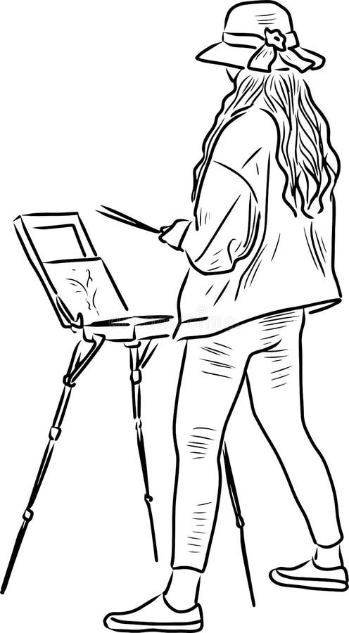 Outline Drawing of a Young Student Artist Painting Outdoors Stock ...