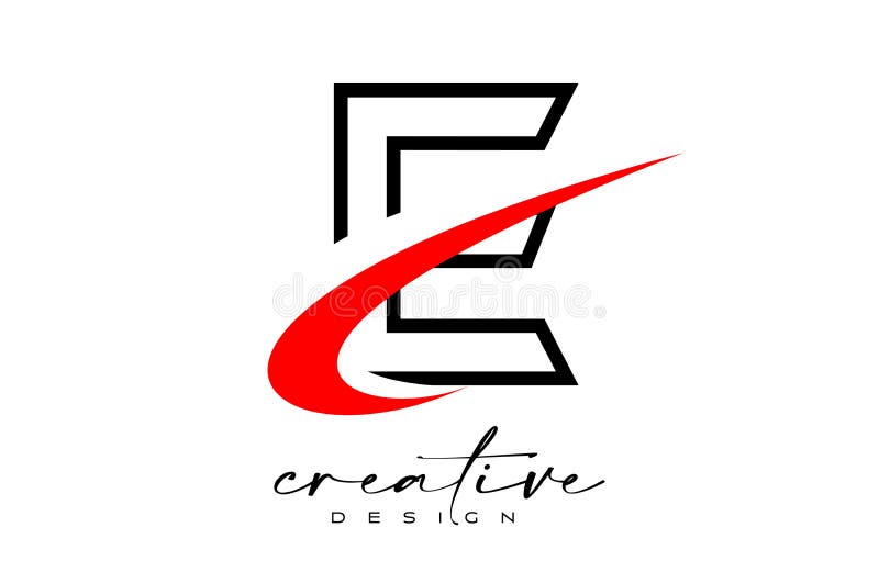 Outline E Letter Logo Design with Creative Red Swoosh. Letter E Initial ...