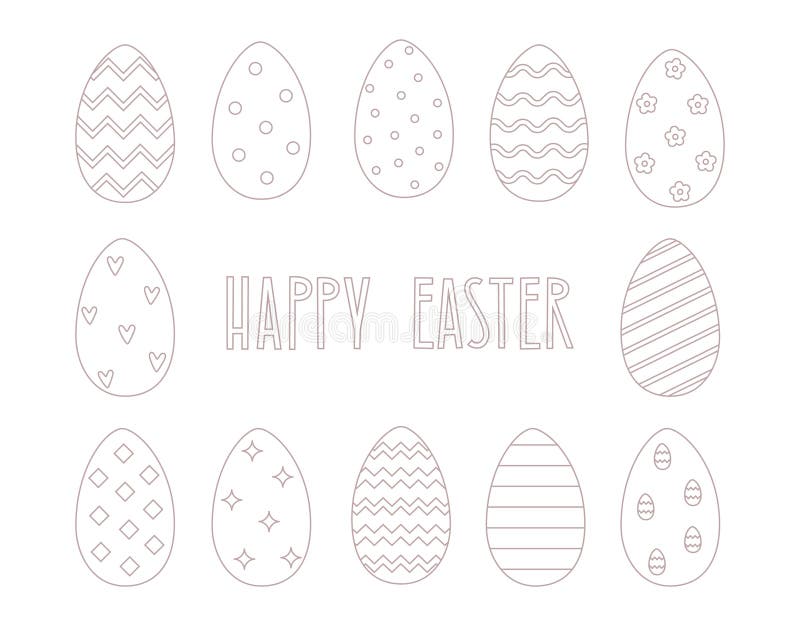 Outline Easter Eggs Vector Illustrations. Happy Easter Line Text. Stock ...