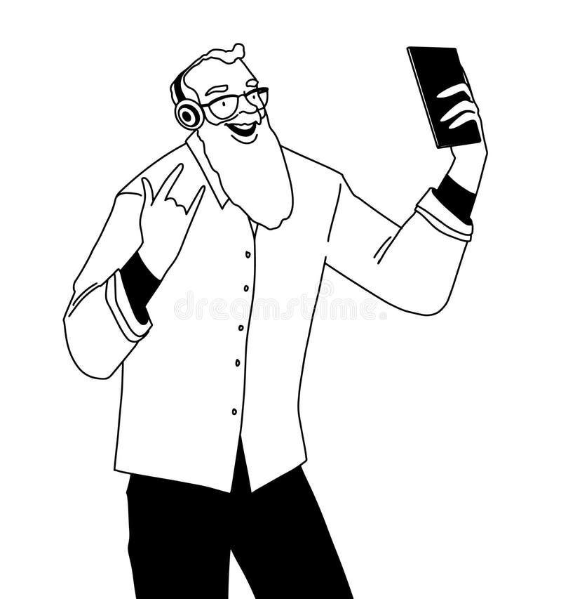 Outline, Elderly Rocker with a Beard Talking on a Video Call Stock ...
