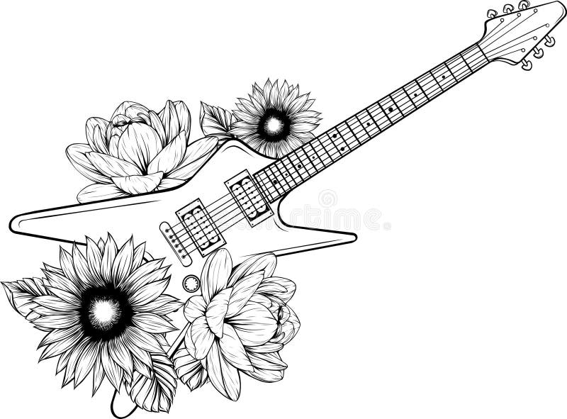 Drawings Of Guitars With Roses