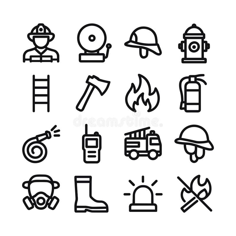 Outline Firefighter Occupation and Equipment Icon Set Containing Fire ...