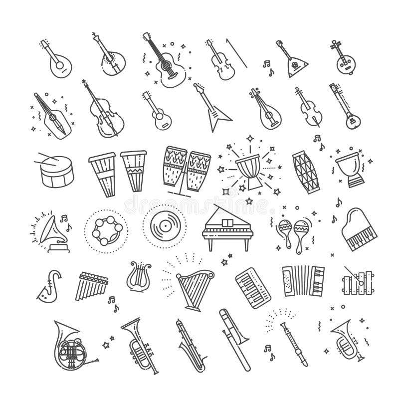 Outline Flat Vector Icons. Music Classic Instruments Stock Illustration ...