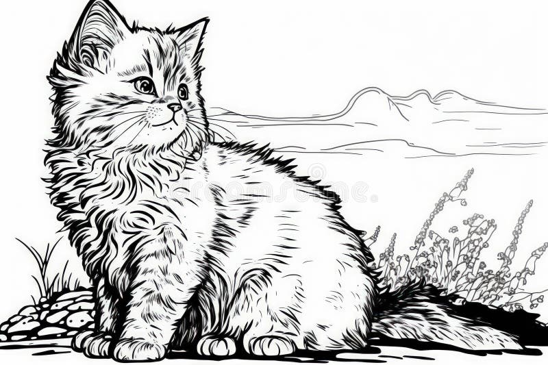 Outline of a Fluffy Cartoon Cat Coloring Page. Childrens Coloring Book ...