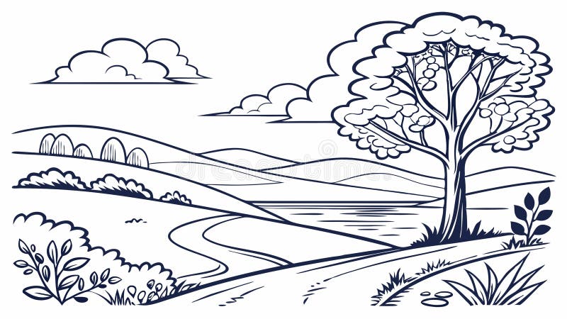 Outline of Gentle Countryside with Winding Path, Vector Design ...