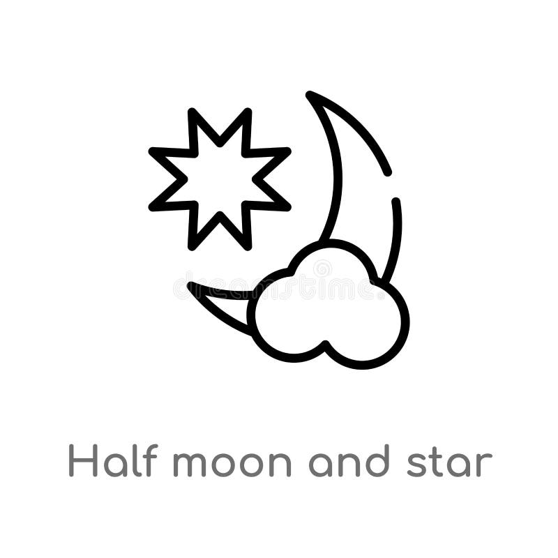 Outline Half Moon and Star Vector Icon. Isolated Black Simple Line ...