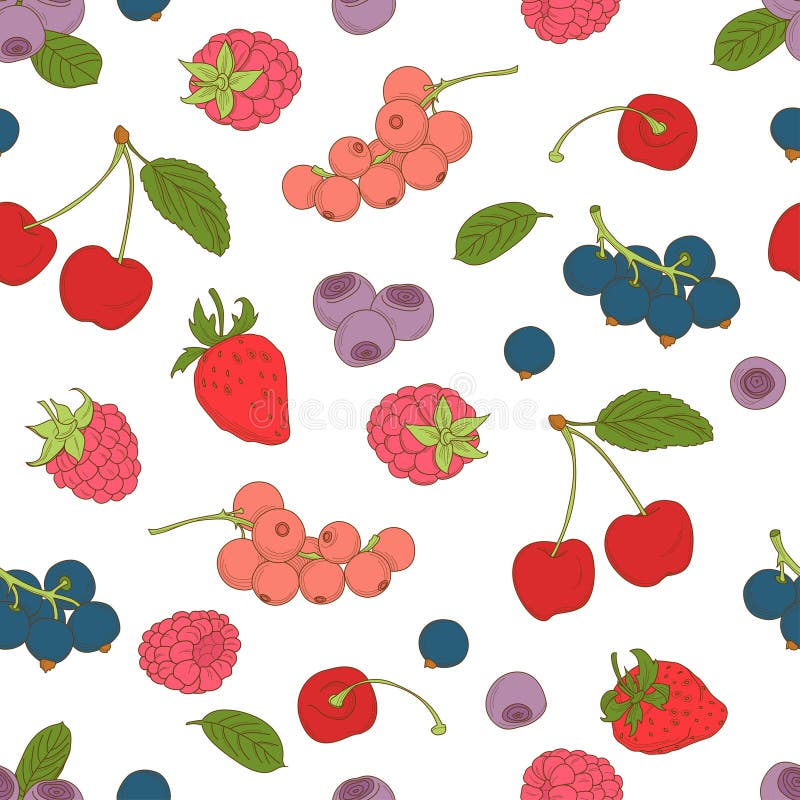Outline Hand Drawn Color Seamless Berry Pattern (flat Style, Thin Line ...