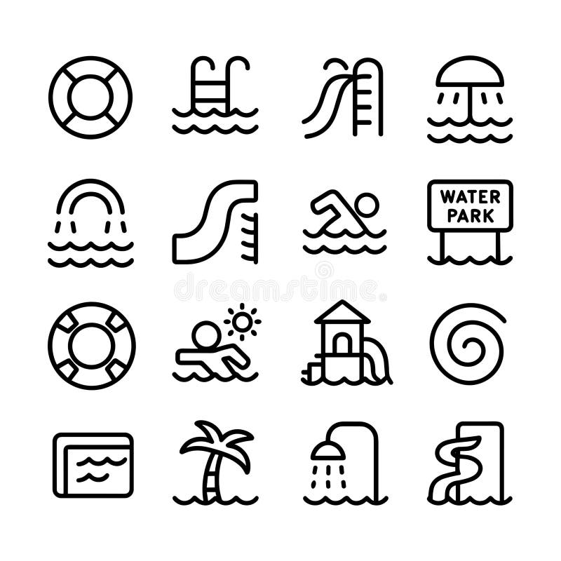 Outline Handdrawn Simple Waterpark Element Icon Set with Pool and Slide ...
