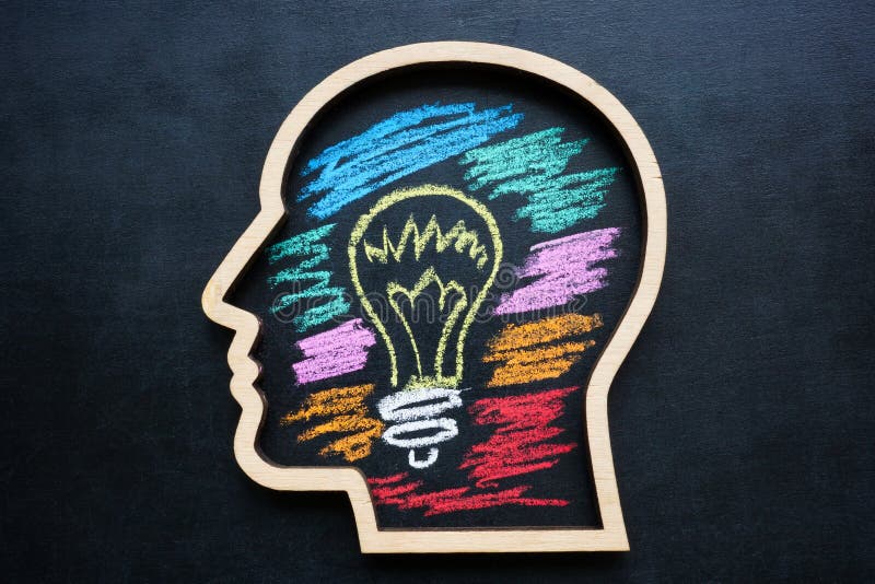 Outline of a Head with a Light Bulb Drawn in Chalk. Creative Thinking ...